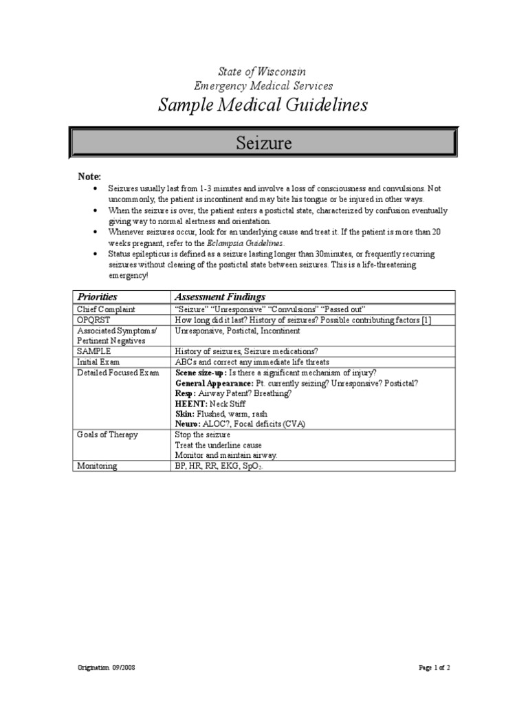 Sample Medical Guidelines: Seizure | PDF | Emergency Medical Technician ...