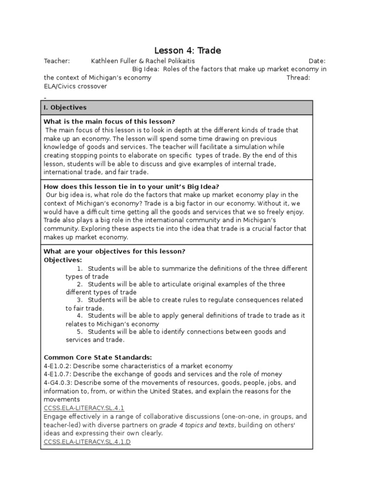Lesson 4: Trade: Ccss - Ela-Literacy - Sl.4.1 | PDF | Reading ...