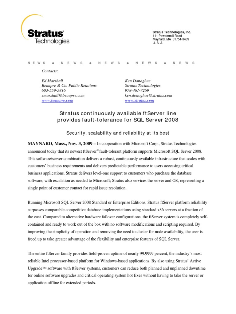 Stratus Delivers Continuous Availability For Microsoft | PDF | Oracle ...