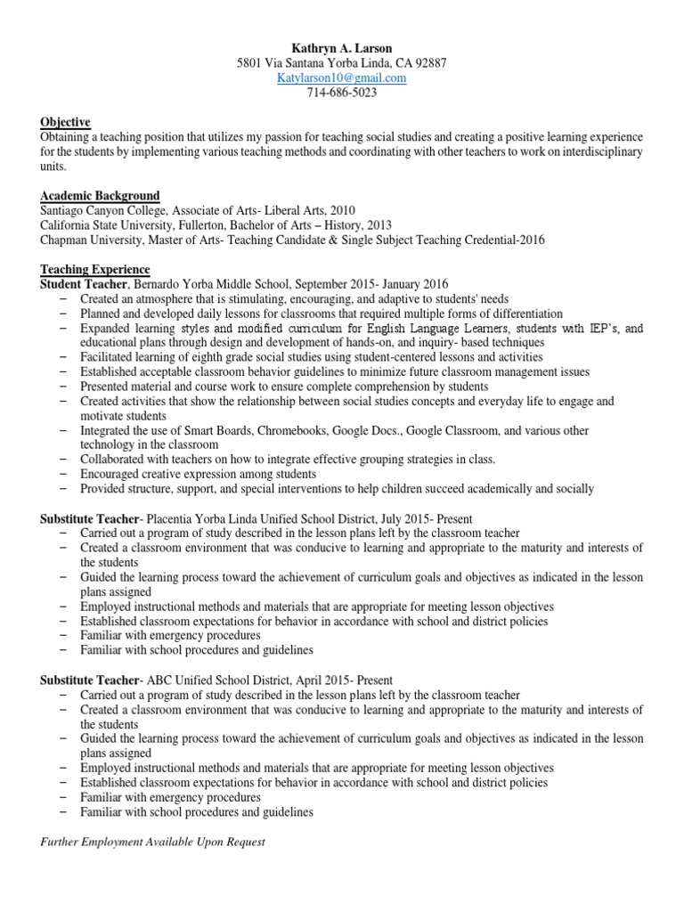K Larson Resume 3 31 | PDF | Lesson Plan | Teachers