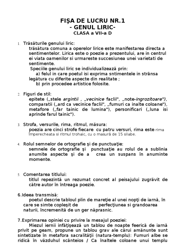 Fisa de Lucru Gen Liric | PDF