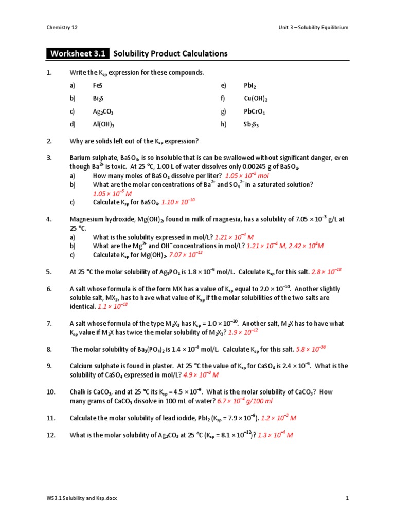 Worksheet 3.1: Solubility Product Calculations | PDF | Teaching Methods ...