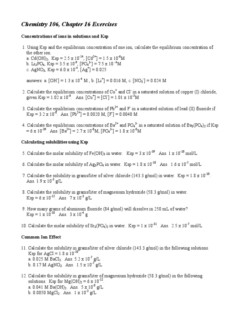 Chemistry 106, Chapter 16 Exercises: Concentrations of Ions in ...