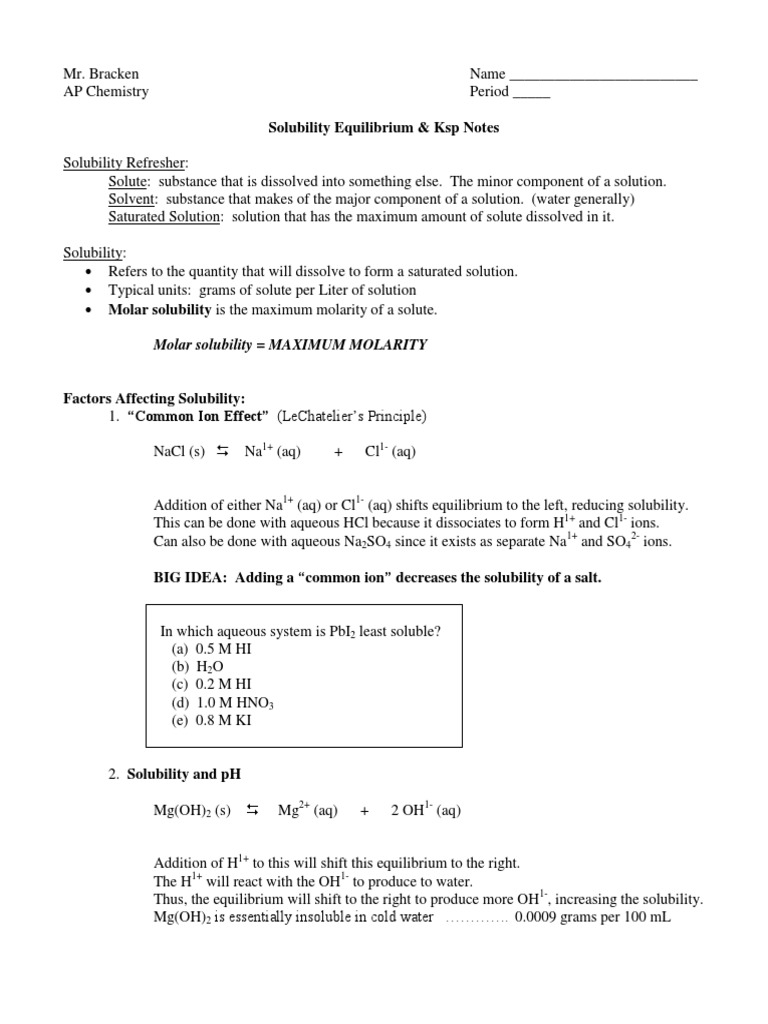 Solubility Equilibrium & KSP Notes: Molar Solubility MAXIMUM MOLARITY ...