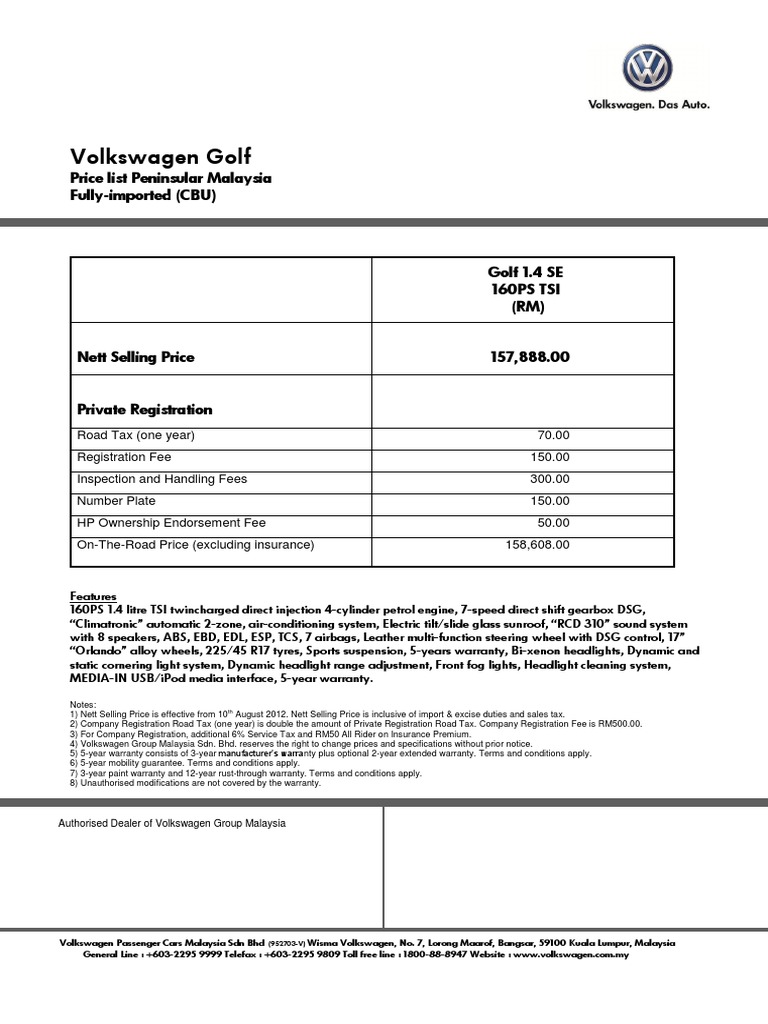 Volkswagen Golf Pricing Malaysia | PDF