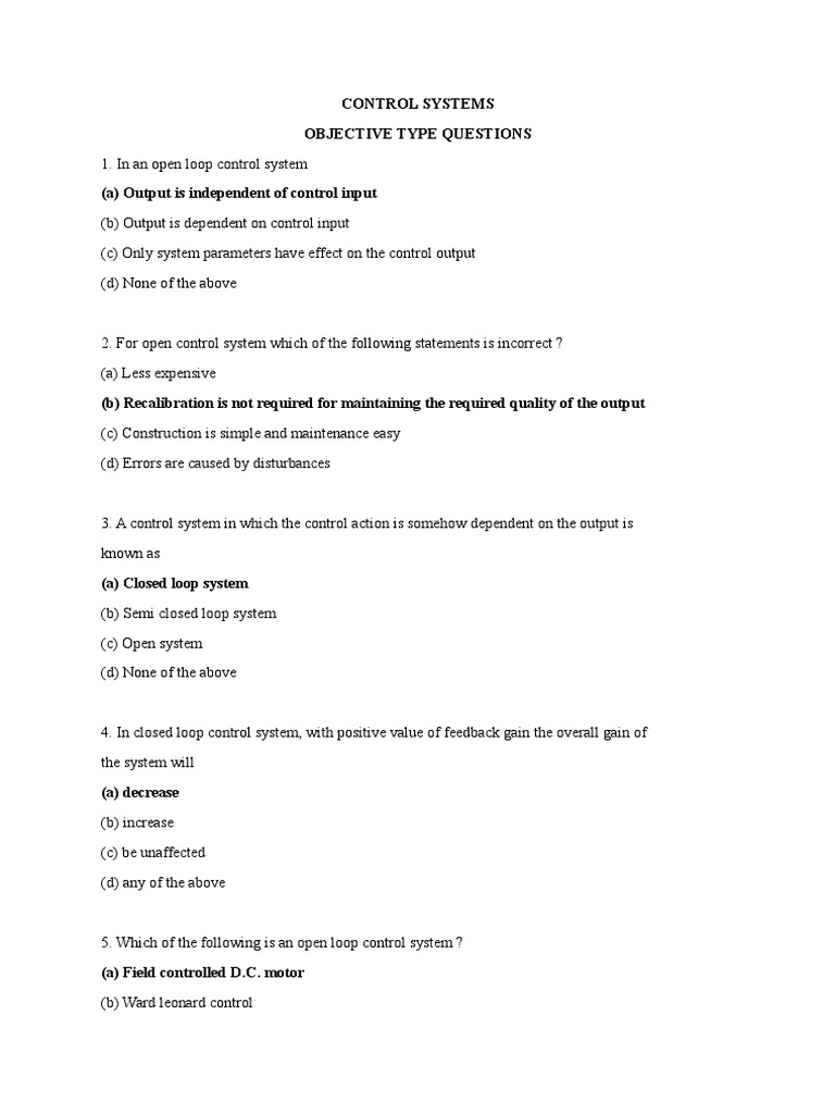 Control Systems Objective Type Questions | PDF | Control System | Feedback
