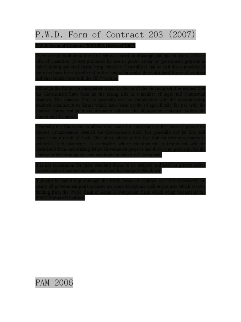 PWD & PAM 2006 Contract Overview | PDF | Common Law | Private Law