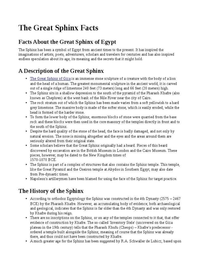The Great Sphinx Facts | PDF | Archaeology | Nature