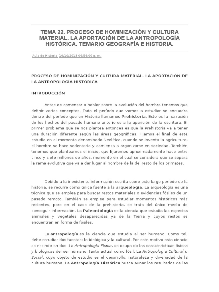 Tema 22. Proceso de Hominización y Cultura Material. La Aportación de ... Tema 22. Proceso de Hominización y Cultura Material. La Aportación de ...