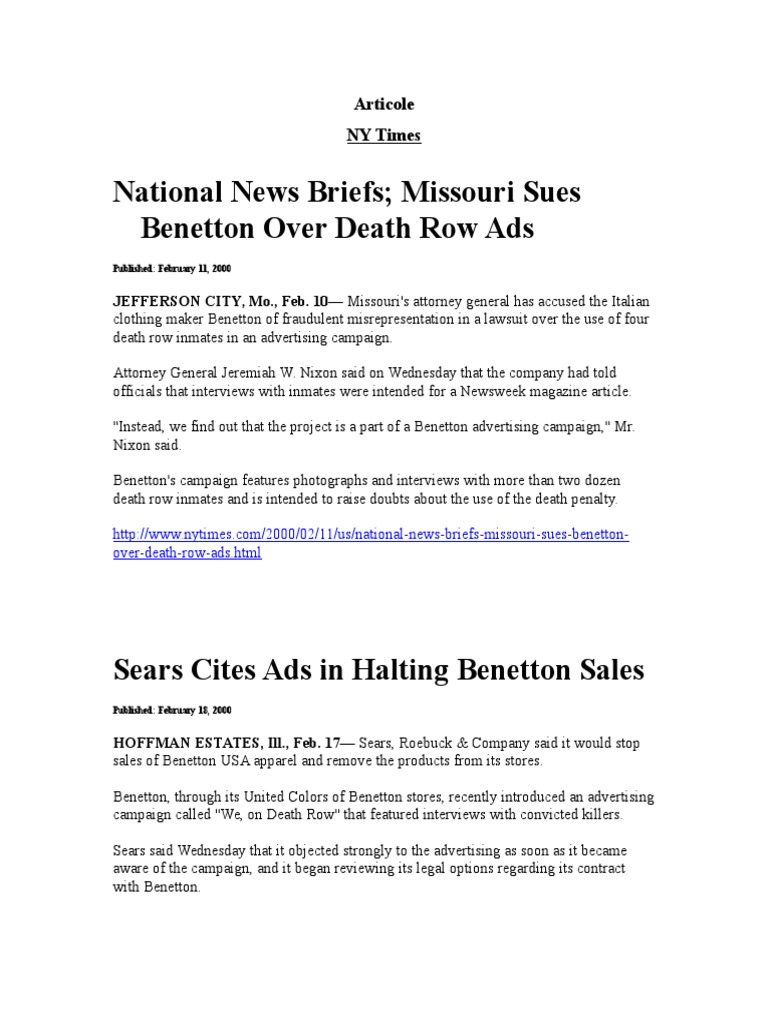 National News Briefs Missouri Sues Benetton Over Death Row Ads | PDF ...
