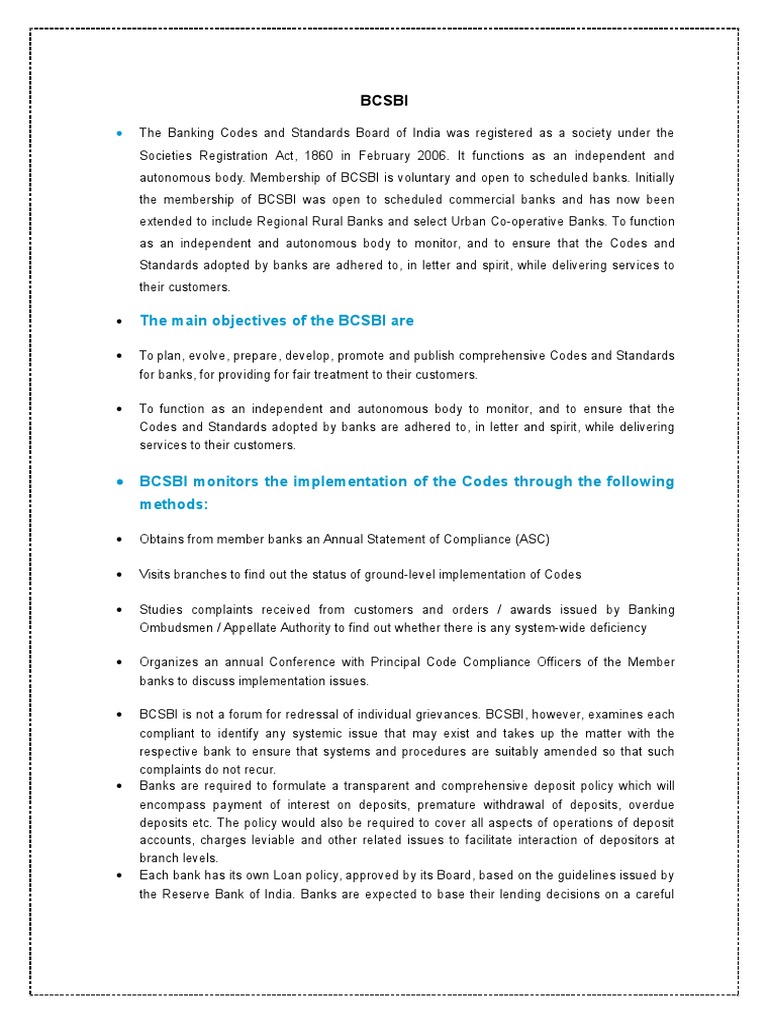 The Main Objectives of The BCSBI Are | PDF | Credit (Finance) | Deposit ...