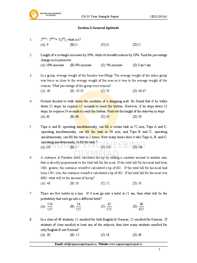 IEO Samplepaper Fourth Year-Computer Science Engineering | PDF | Areas ...