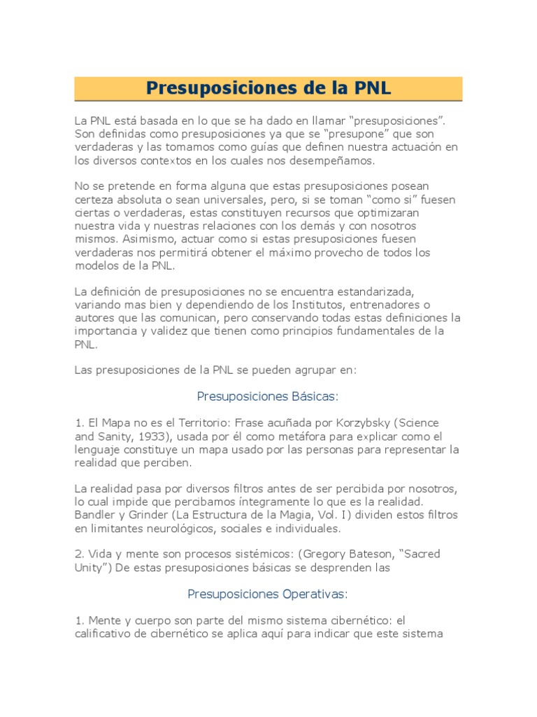 Las bases de la PNL: Un resumen de las presuposiciones fundamentales de la Programación ...