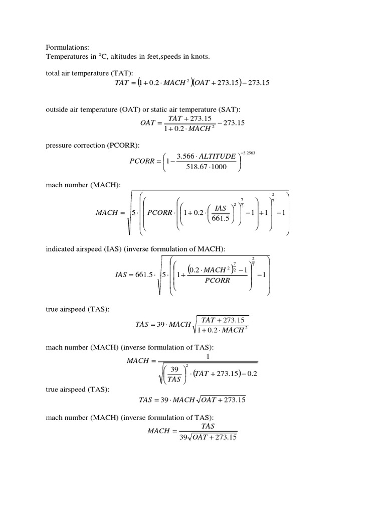 True Airspeed and Mach Formulas | PDF