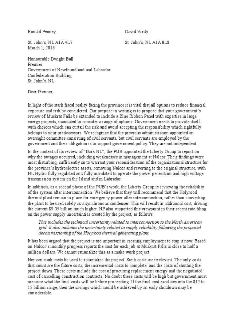 Letter To Premier Dwight Ball From David Vardy and Ron Penney | PDF ...