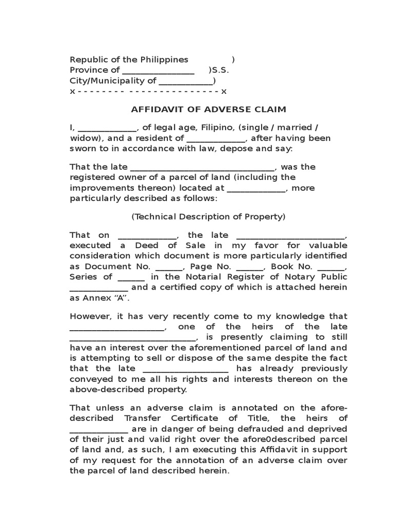 Affidavit Adverse Claim Sample | PDF | Affidavit | Document