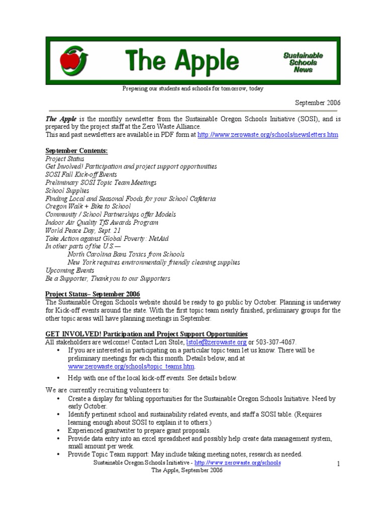 The Apple Newsletter, September 2006, Sustainable School News | PDF ...