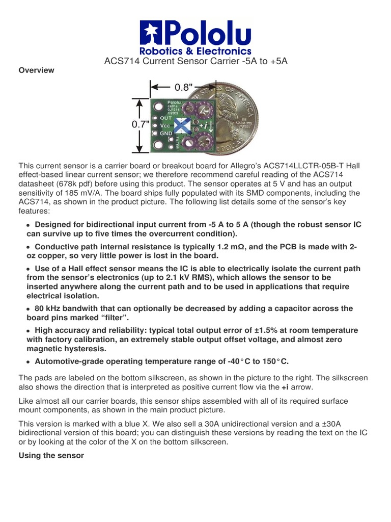 ACS714 Current Sensor Carrier - 5A To +5A | PDF | Electric Current ...