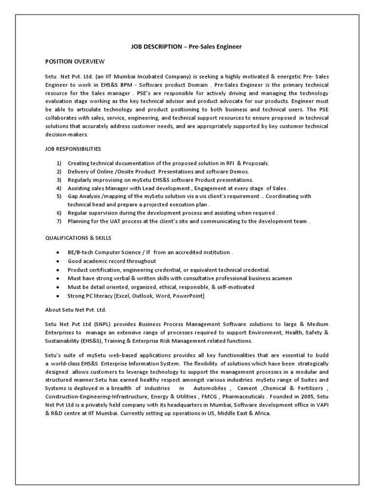 Pre-Sales Engineer Job Overview | PDF | Software Development | Business ...
