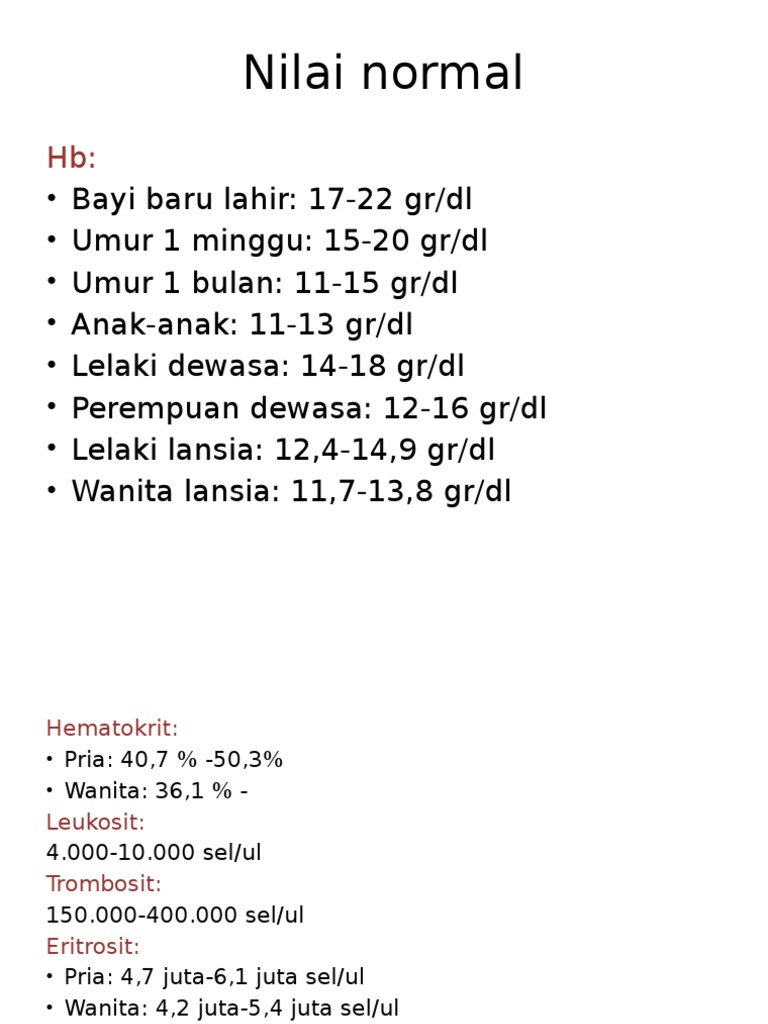 Nilai Normal Hematologi dan Trombosit | PDF | Medical Tests | Pathology