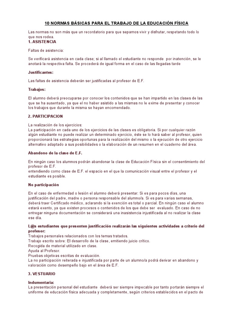 10 Normas Básicas para El Trabajo de La Educación Física | PDF ...
