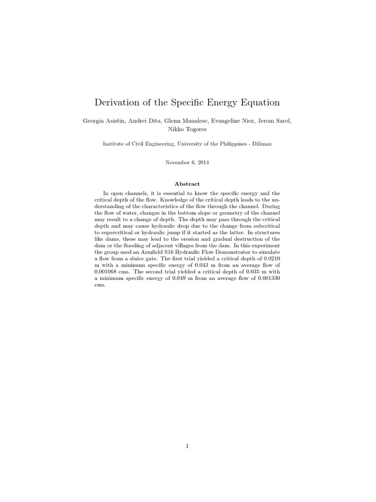 Specific Energy Equation Derivation | PDF | Discharge (Hydrology ...