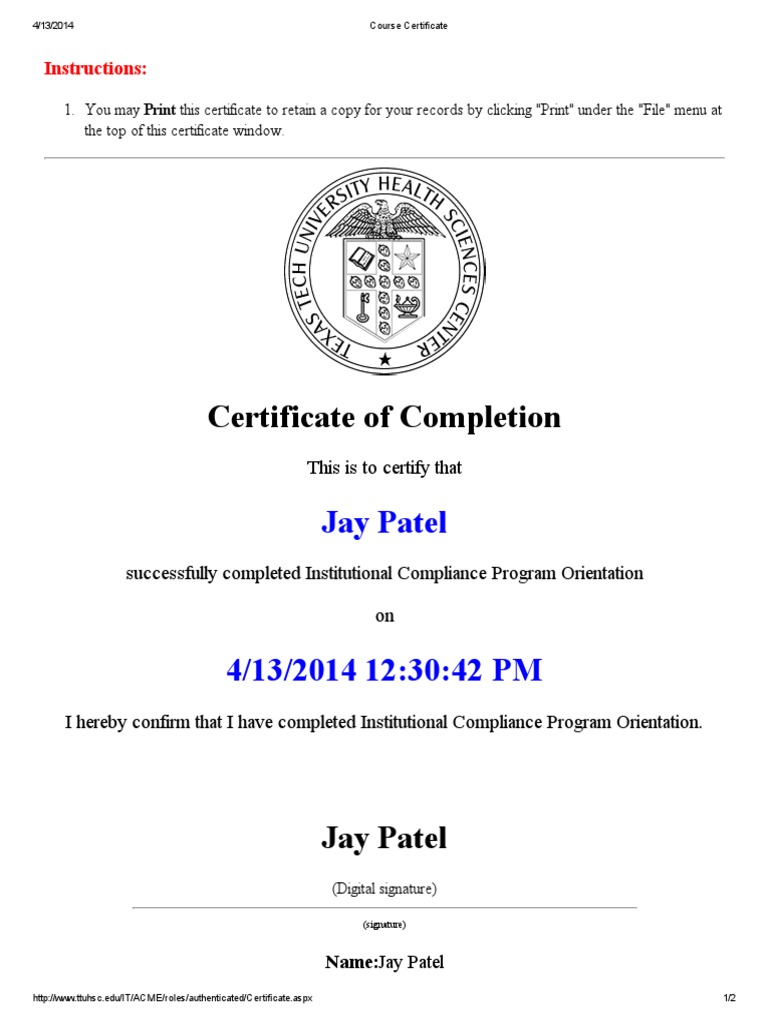 Certificate of Completion for Compliance Program | PDF