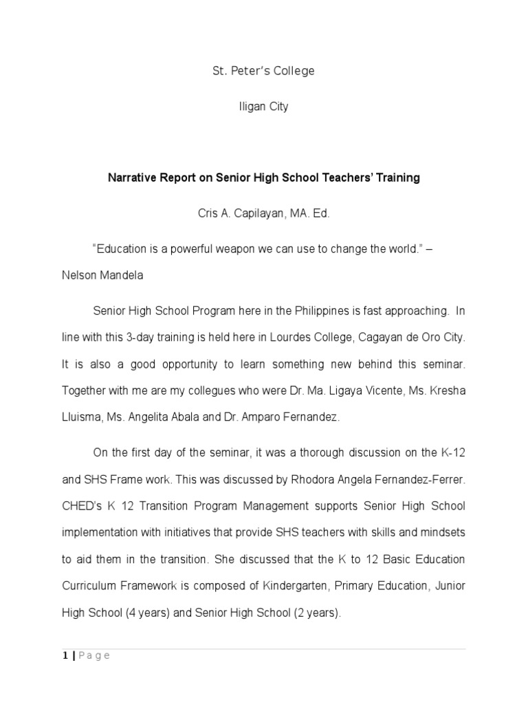 Narrative Report on Senior High School Teachers | Educational ...