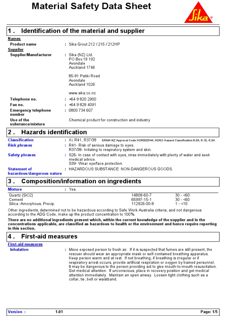 Sika Grout 212 215 212hp - Msds | Personal Protective Equipment ...