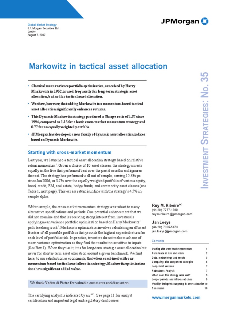 Markowitz in Tactical Asset Allocation | PDF | Asset Allocation | Sharpe Ratio