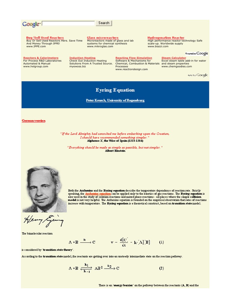 An In-Depth Explanation of the Eyring Equation for Describing Reaction ...