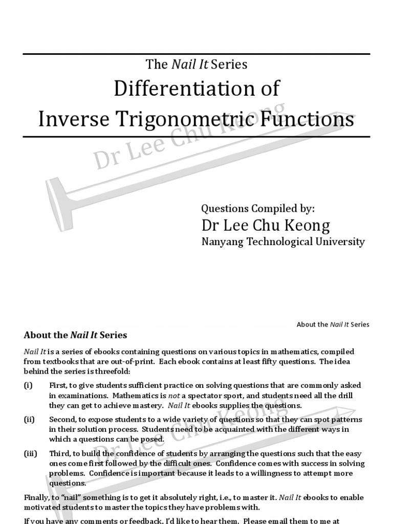 Differentiation - Inverse Trigonometric Functions - Questions | PDF ...
