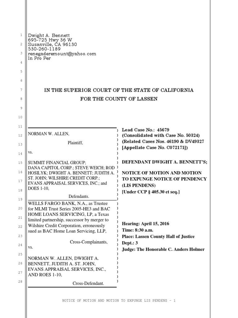 01 Motion To Expunge Lis Pendens: Allen vs. Summit Financial Group Inc. | PDF | Foreclosure ...