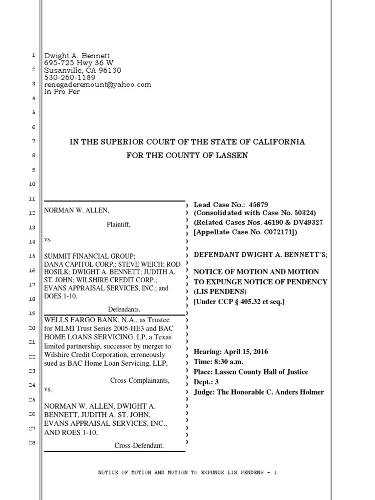 Motion to Expunge Lis Pendens DBs Final | Mortgage Law | Deed Of Trust ...