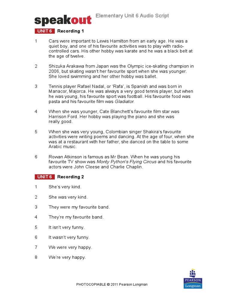 Elementary Unit 6 Audio Script | PDF | Leisure