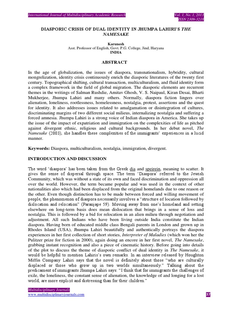 Diasporic Crisis of Dual Identity in Jhumpa Lahiri's The Namesake | PDF ...