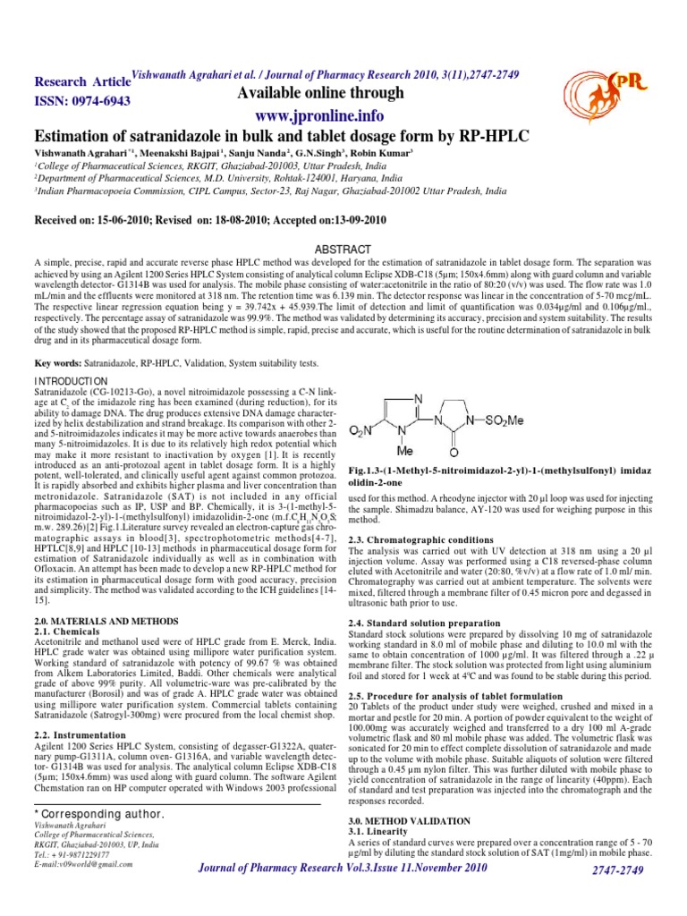 Estimation of Satranidazole in Bulk and Tablet Dosage Form by RP-HPLC ...