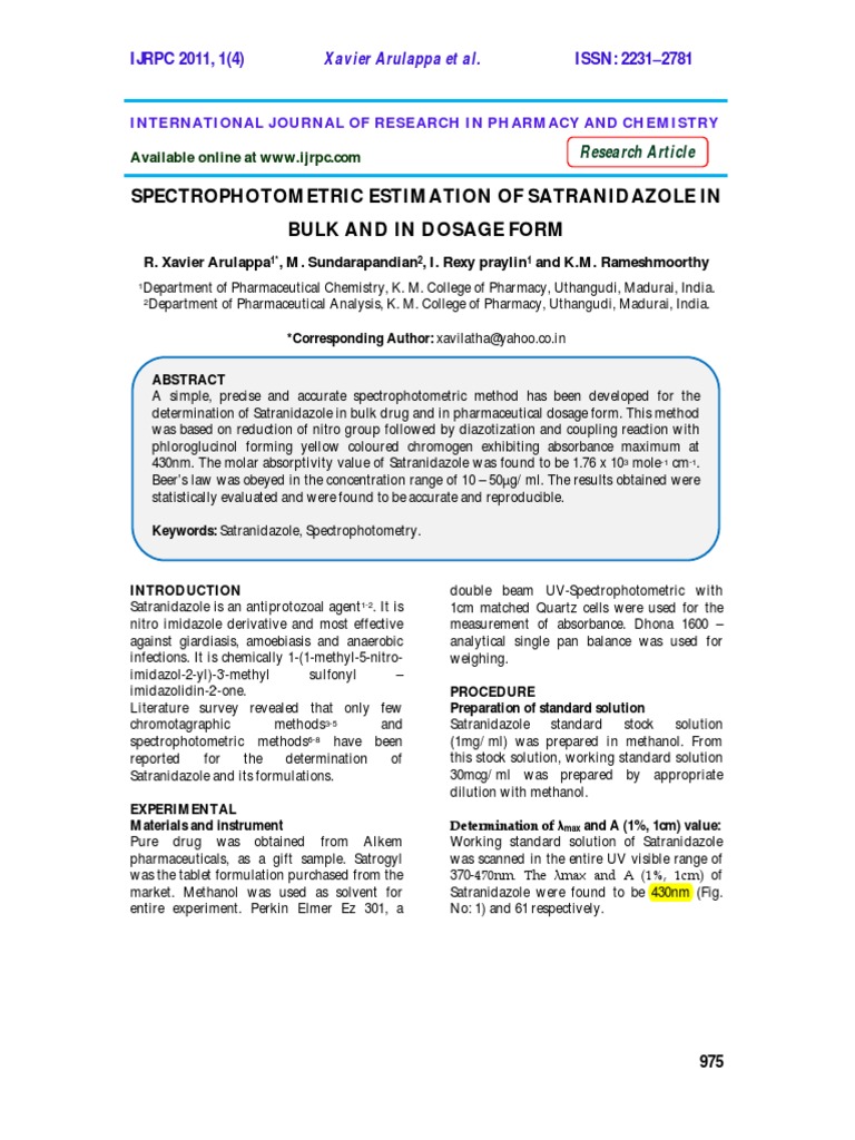 Spectrophotometric Estimation of Satranidazole in | PDF | Absorbance ...