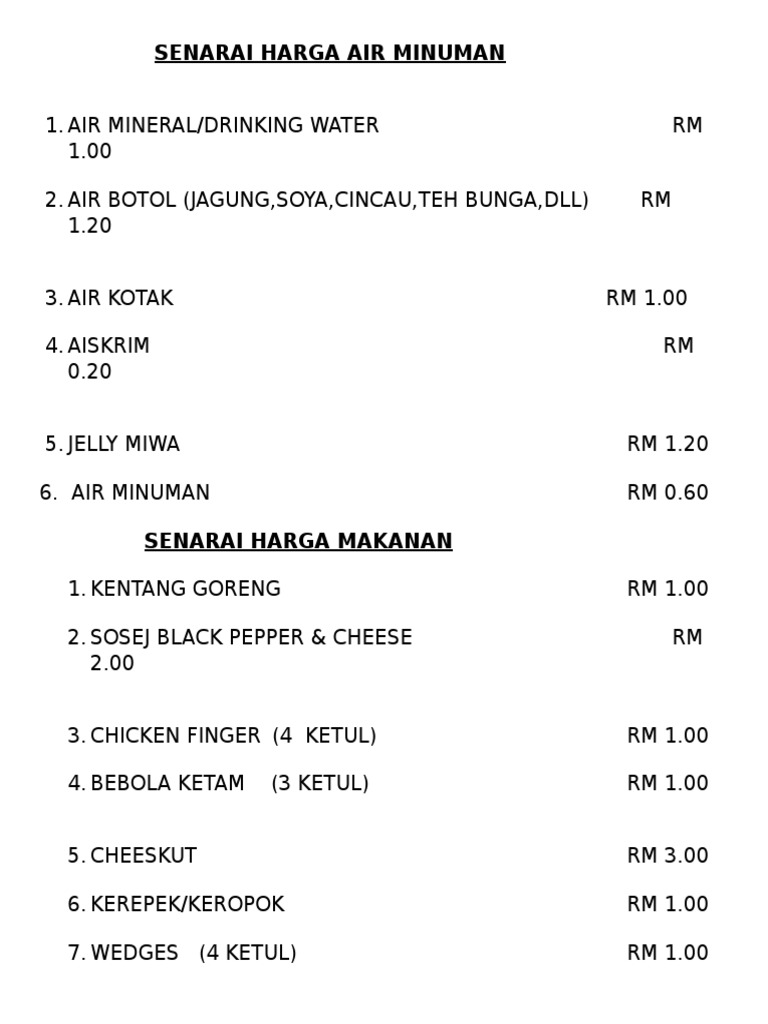 Senarai Harga Air Minuman Kiosk Senarai Harga Air Minuman Kiosk