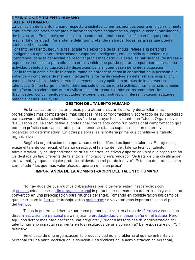 Definicion de Talento Humano | Descargar gratis PDF | Gestión del ...