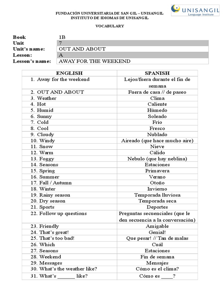 Level 2 Unit 7 Vocabulary | PDF | Meteorología | Deportes