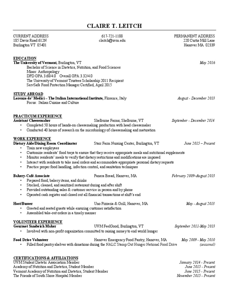 Claire T. Leitch - Dietetics Resume | PDF | Cooking, Food & Wine ...