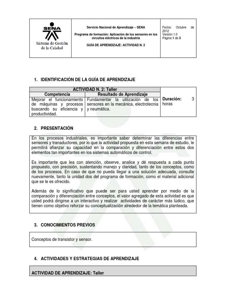 Guía de Aprendizaje 2 PDF | PDF | Sensor | Aprendizaje