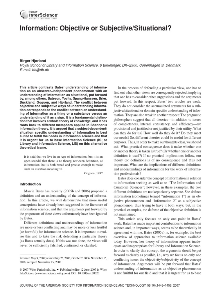 Hjorland 2007 - Information Objective or Subjective-Situational | PDF ...