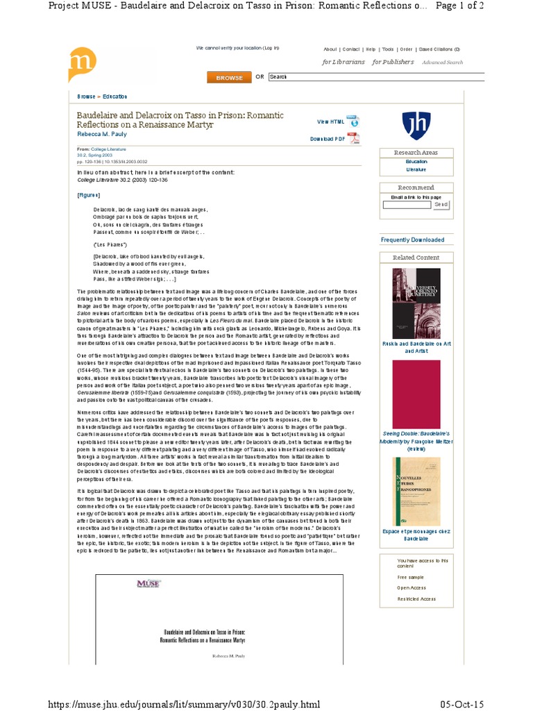 Baudelaire and Delacroix On Tasso in Prison: Romantic Reflections On A ...