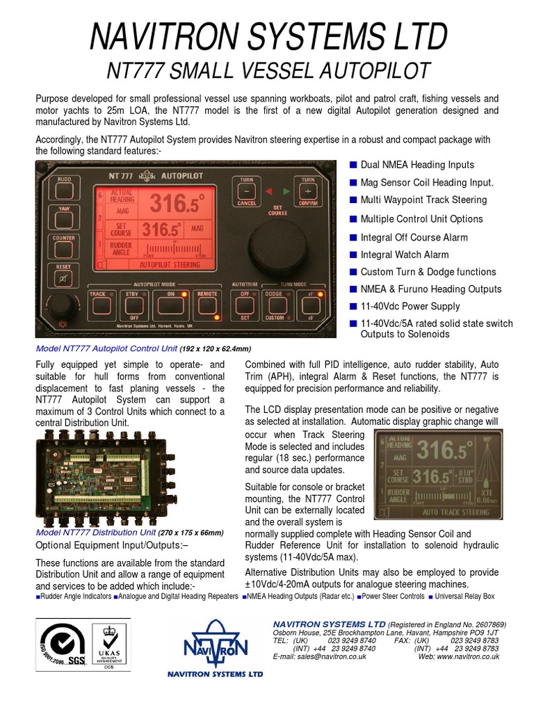 Introduction to the NT777 Small Vessel Autopilot from Navitron Systems Ltd | PDF | Electrical ...