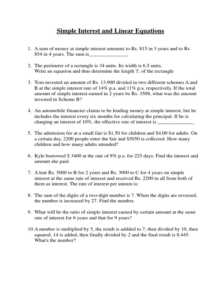 Math - Simple Interest, Linear Equations | PDF