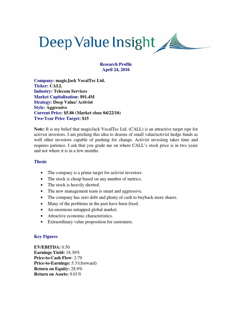 Deep Value Insight Research Profile: Magicjack Vocaltec Ltd. (CALL ...
