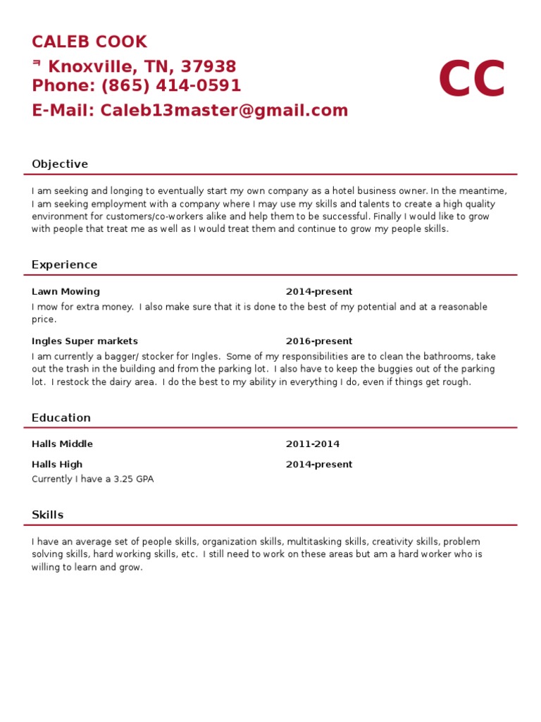 Caleb Cook's Resume and Career Goals | PDF