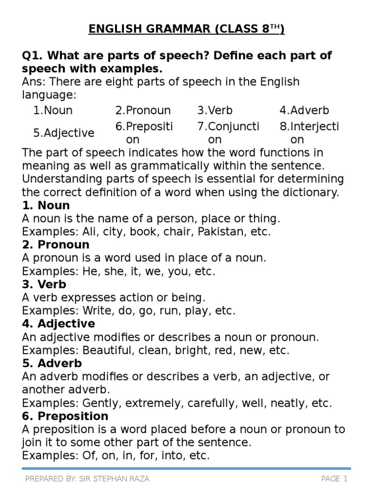 Parts of Speech and Their Examples: A Detailed Explanation of the Eight ...
